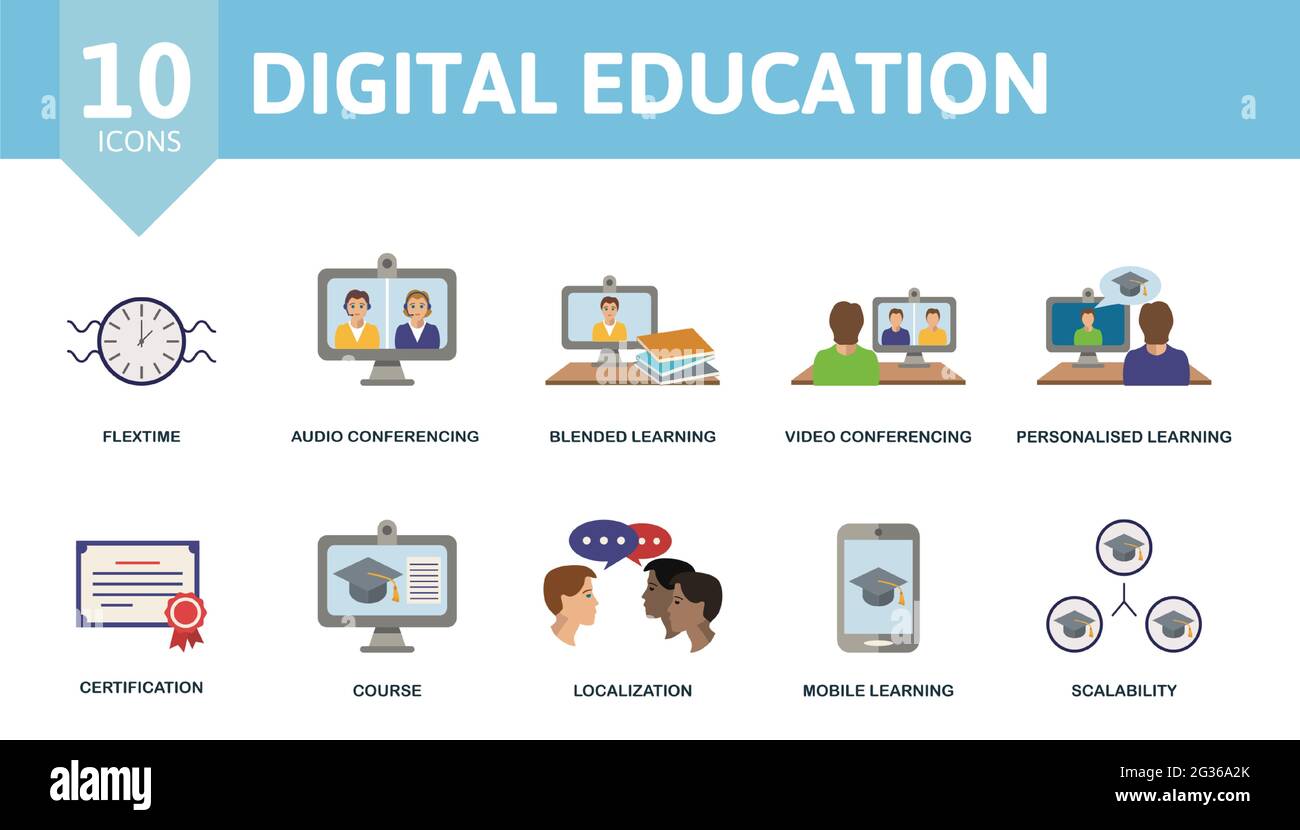 Digital Education icon set. Contains editable icons online education theme such as flextime ...