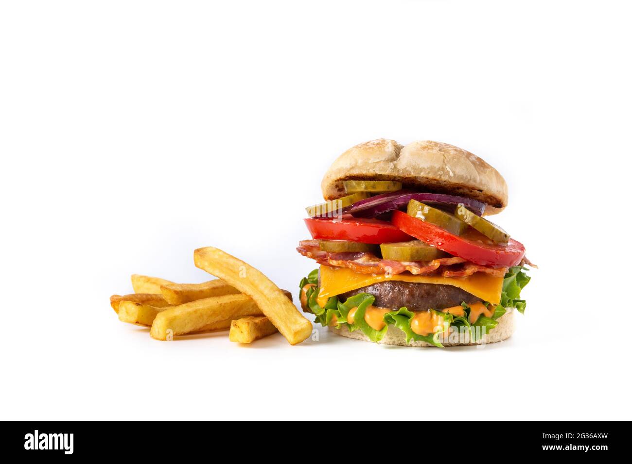 Beef burger with bacon isolated on white background Stock Photo - Alamy