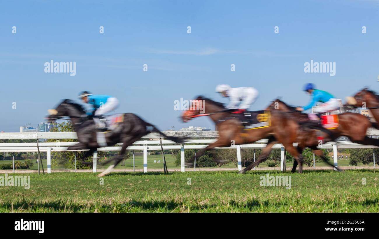 Horse Racing closeup motion speed blur unrecognizable jockeys and ...