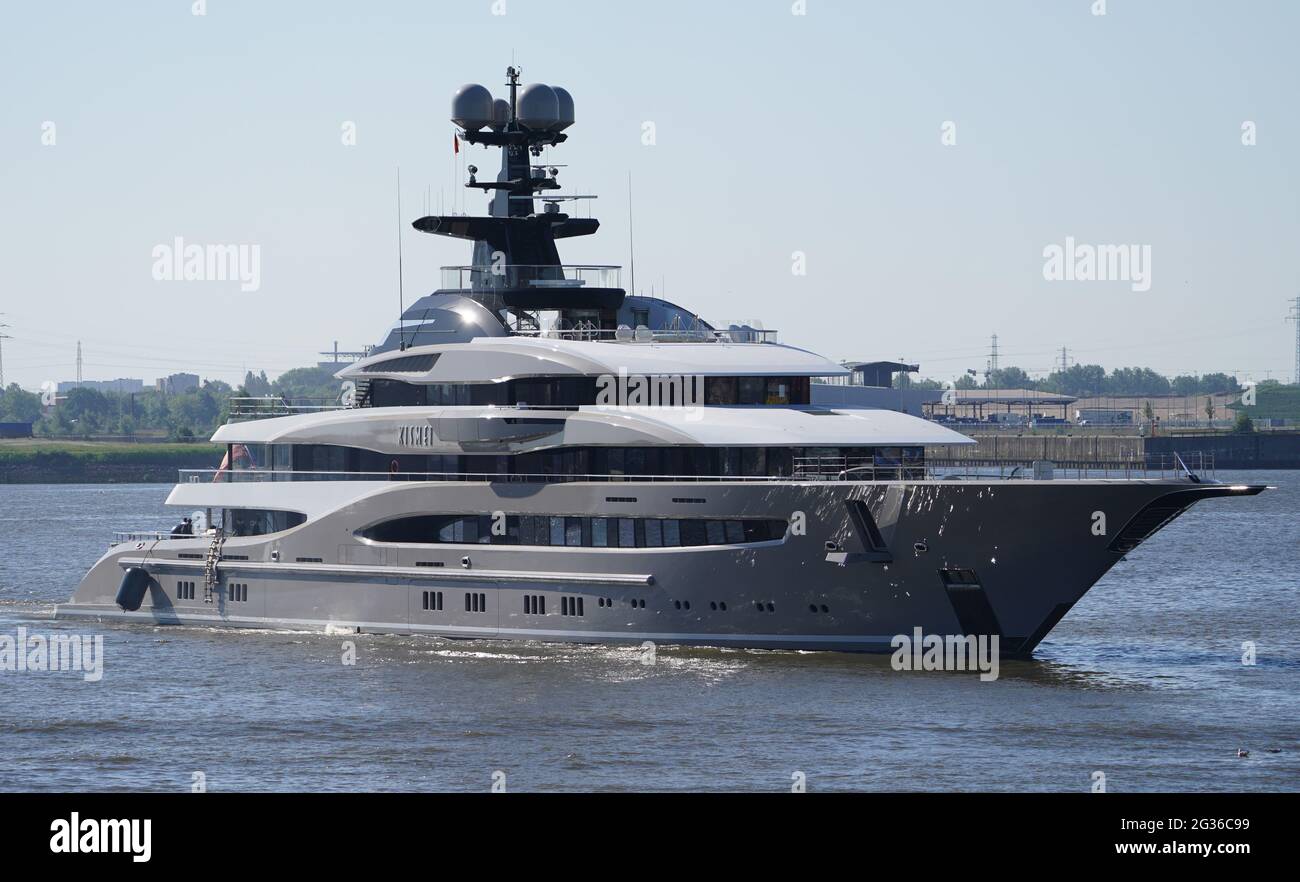 Hamburg, Germany. 14th June, 2021. The 95-metre superyacht Kismet ...