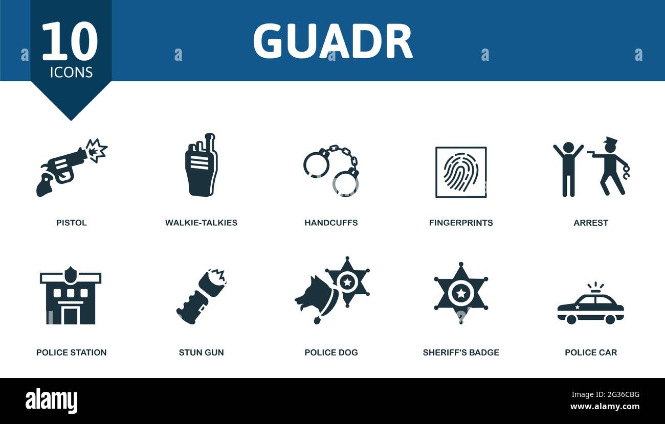 Guard icon set. Contains editable icons police theme such as pistol ...