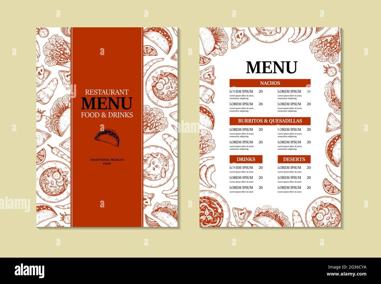 Mexican food two side vertical menu template with hand drawn elements ...