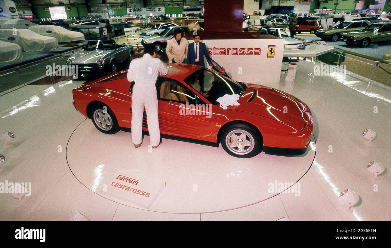 The debut of the Ferrari Testarossa in Paris 1984. Car being detailed ...