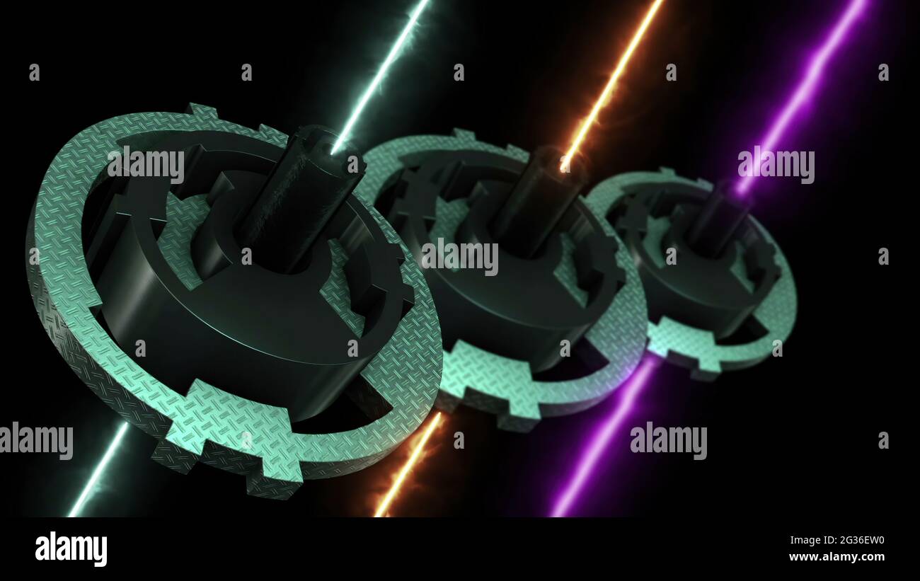3d illustration - Close Up Of Rotating Hi Tech Gear with laser beam ...