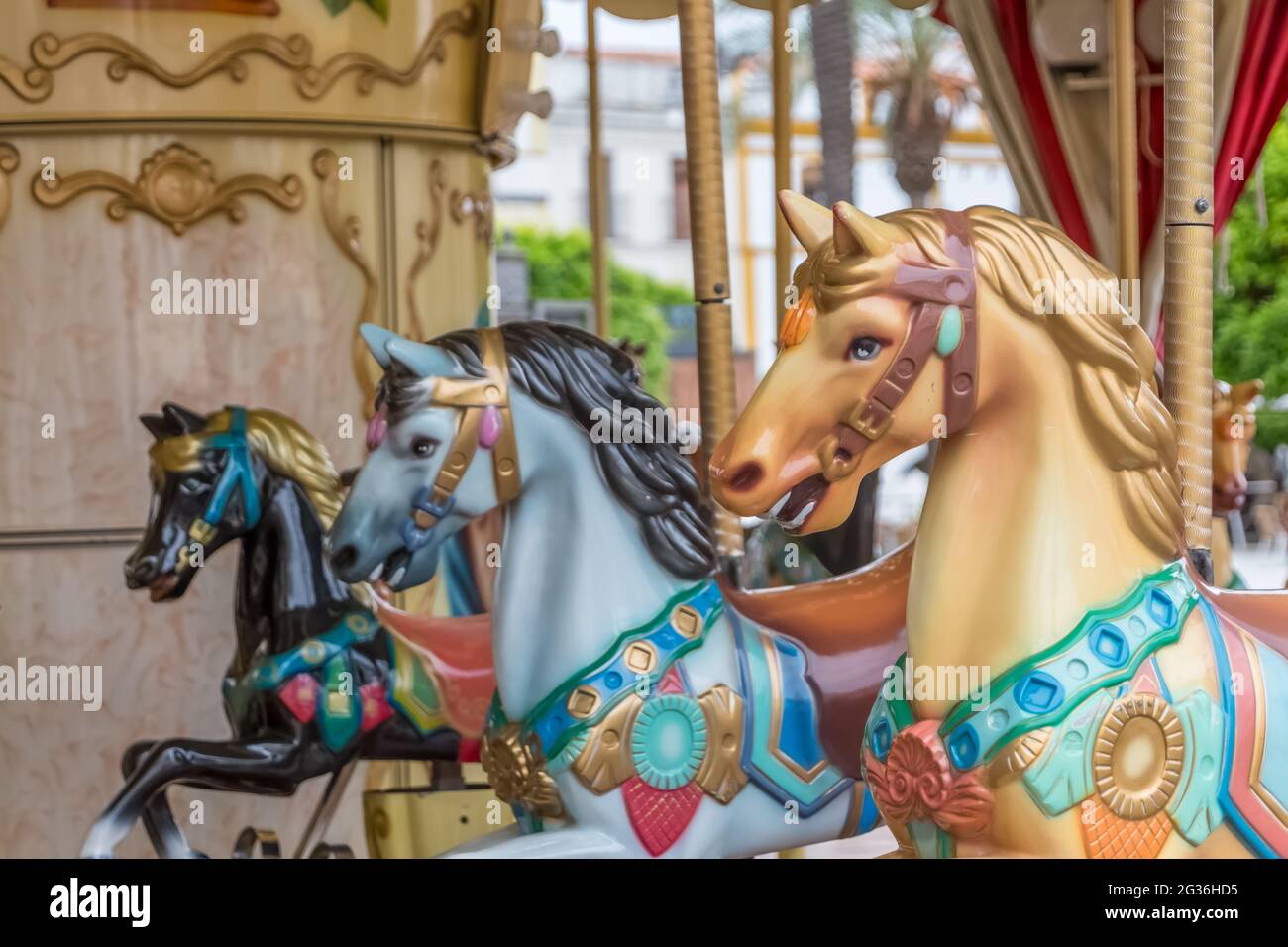 Detailed view of colorful horses from a vintage classic carousel Stock ...