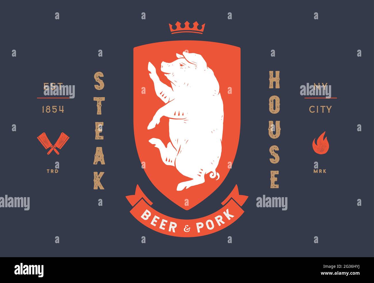 Pork, pig. Template Label. Vintage retro print, tag, label with king ...