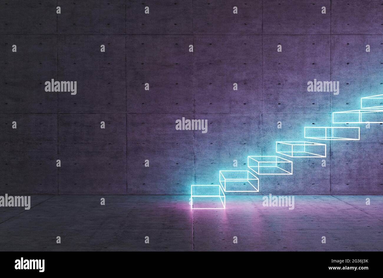 abstract holographic stairs with neon lighting in a concrete room. 3d ...