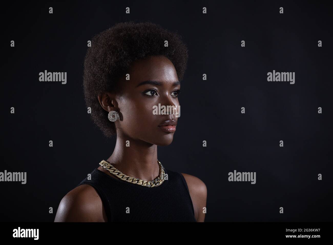 Close up half turn portrait of african american woman with afro ...