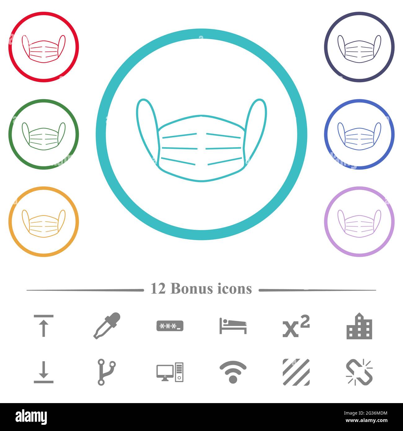 Medical face mask flat color icons in circle shape outlines. 12 bonus ...