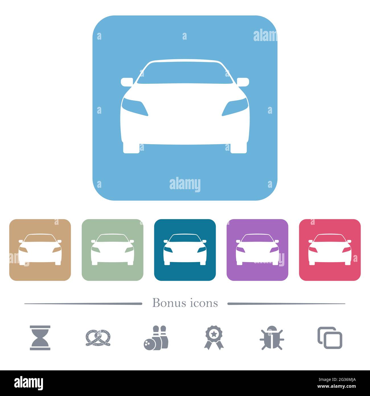 Sport car front view white flat icons on color rounded square ...