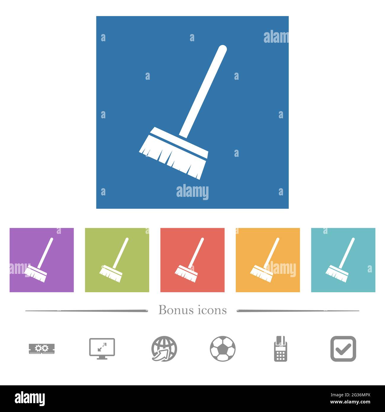 Household broom flat white icons in square backgrounds. 6 bonus icons ...