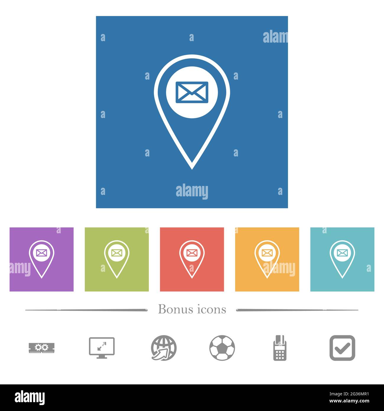 GPS location send mail flat white icons in square backgrounds. 6 bonus ...