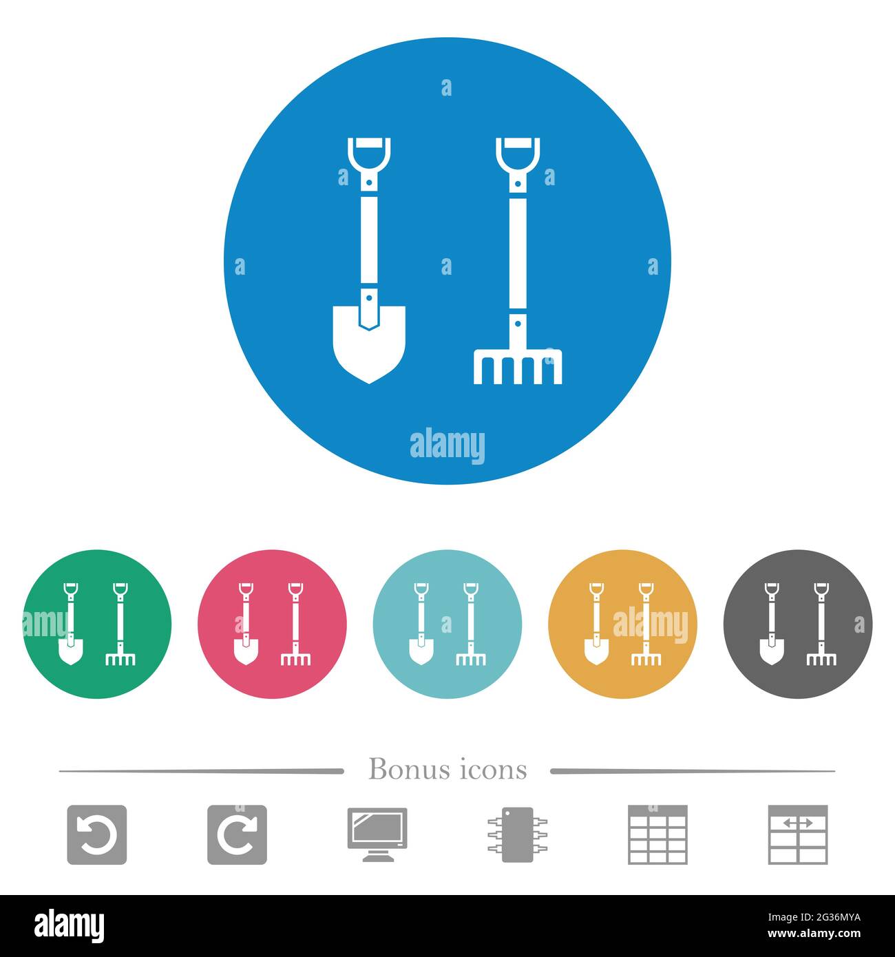 Shovel and rake flat white icons on round color backgrounds. 6 bonus ...