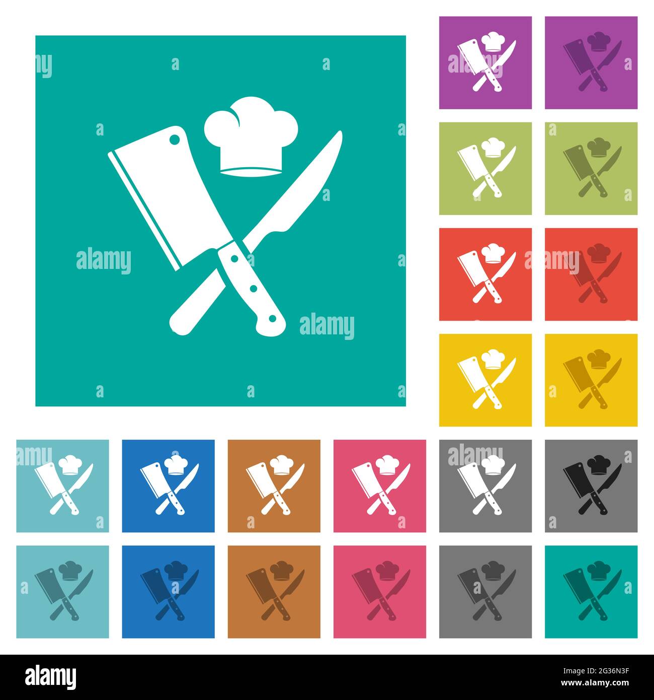 Crossed meat cleaver and knife with chef hat multi colored flat icons ...