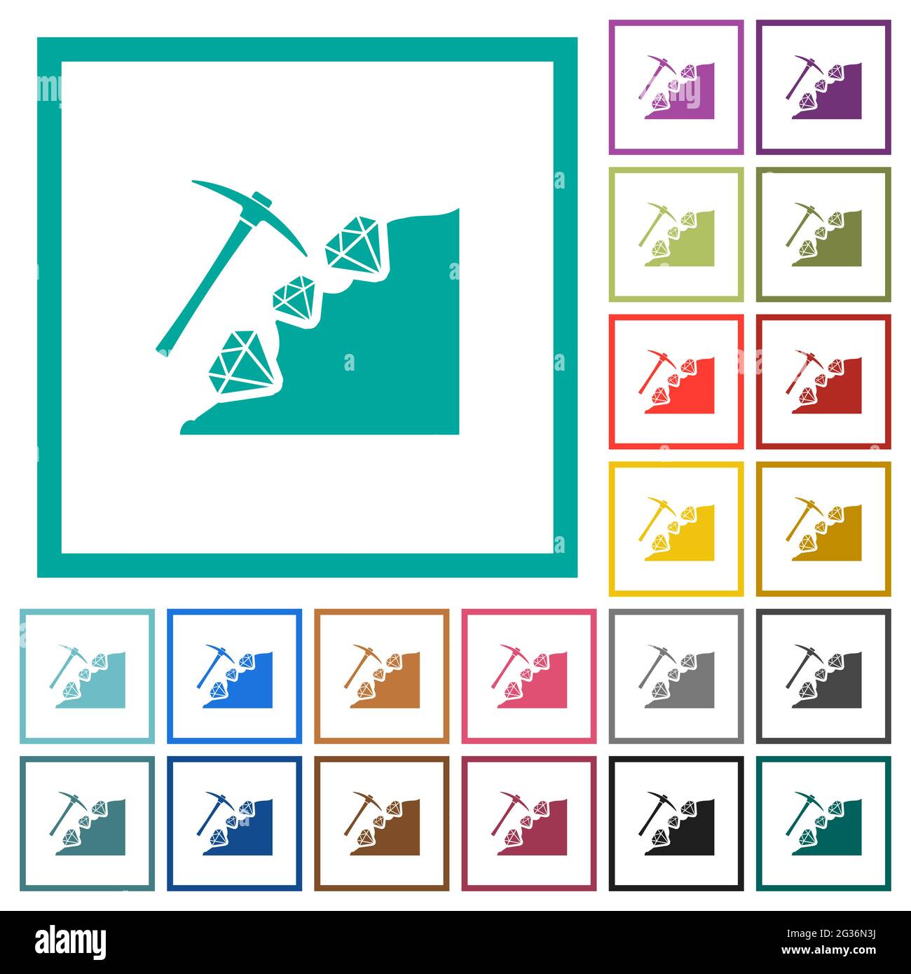 Diamond mining flat color icons with quadrant frames on white ...