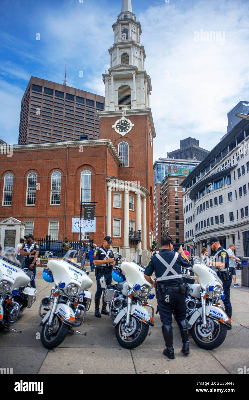 Boston Police Harley Davidson motorcycle parked in Park Street Church ...