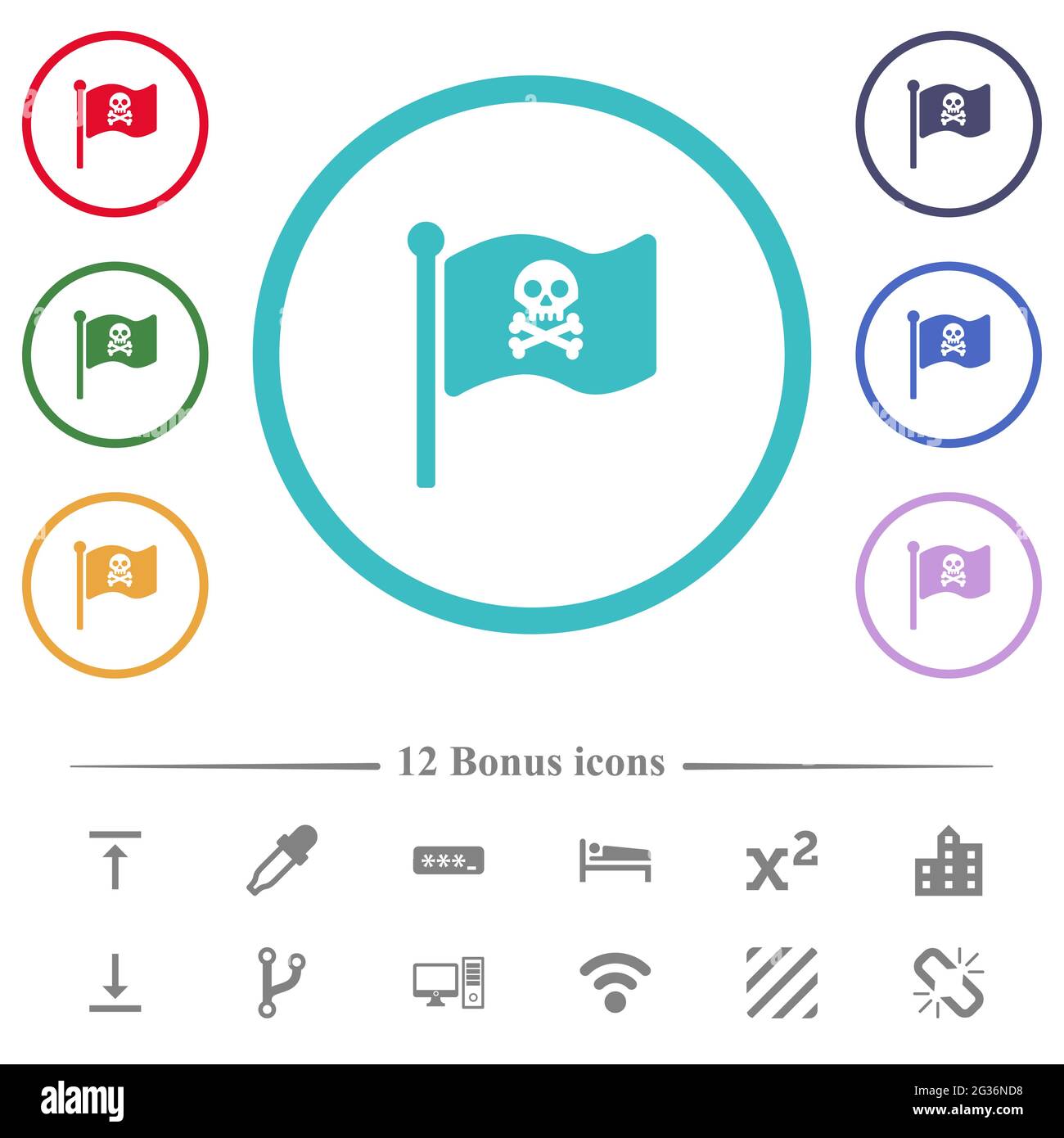 Pirate flag flat color icons in circle shape outlines. 12 bonus icons ...