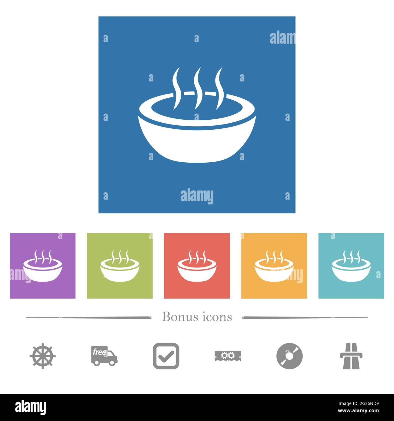 Steaming bowl flat white icons in square backgrounds. 6 bonus icons ...