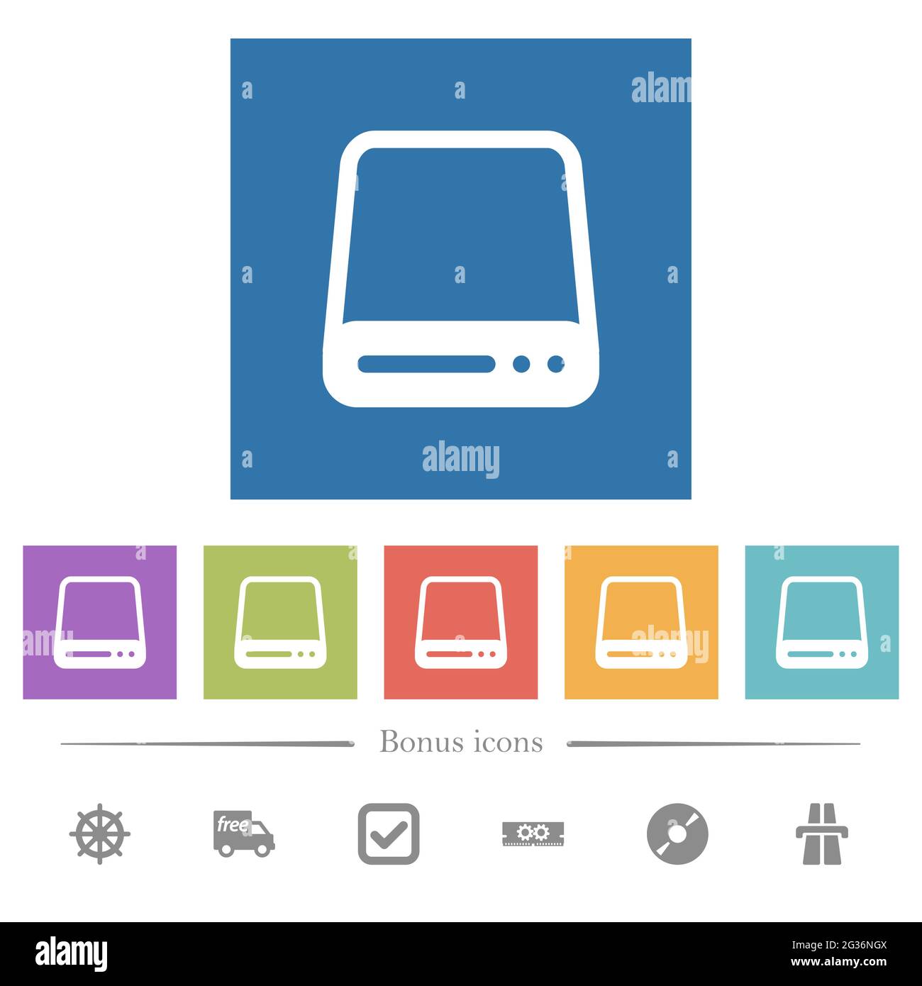 Hard disk drive flat white icons in square backgrounds. 6 bonus icons ...