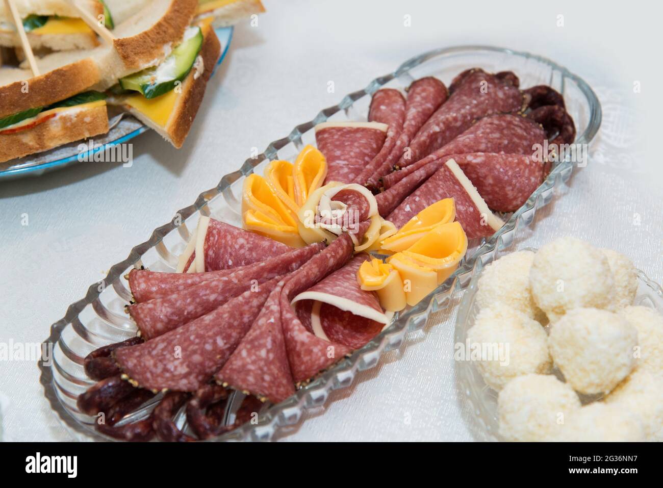 Catering food for the event - different types delicacies of meat and ...