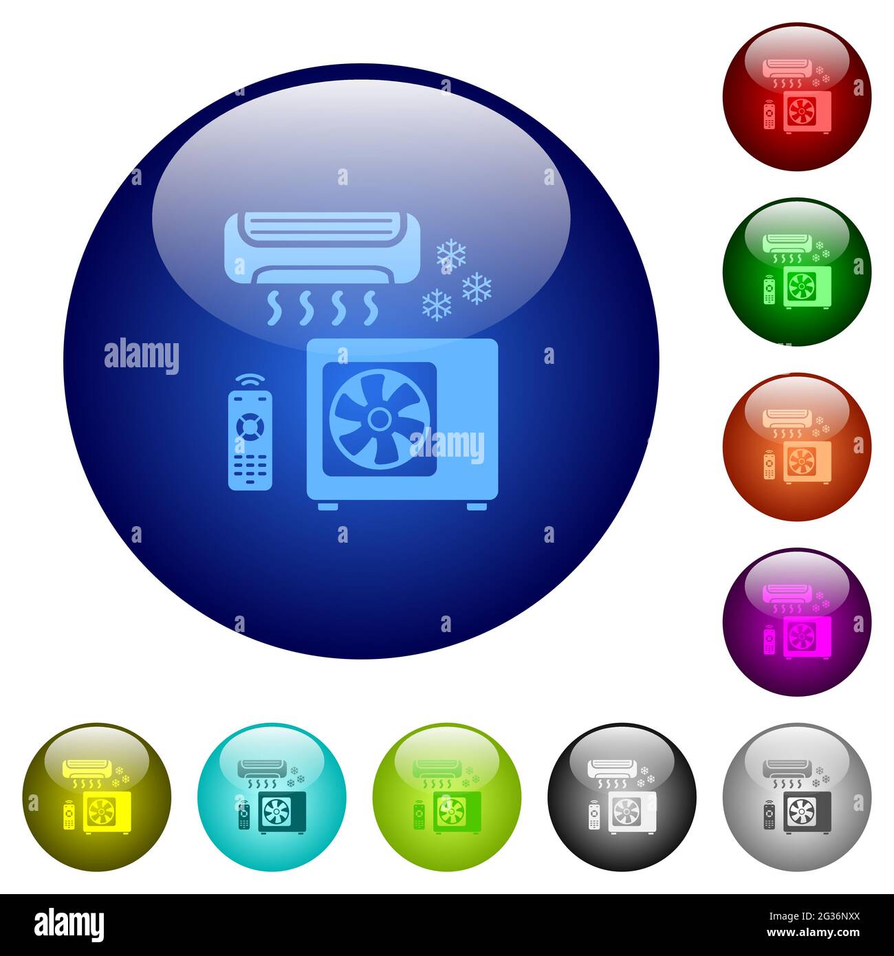 Air conditioning system icons on round glass buttons in multiple colors ...