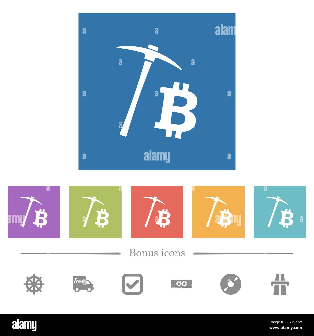 Bitcoin cryptocurrency mining flat white icons in square backgrounds. 6 ...