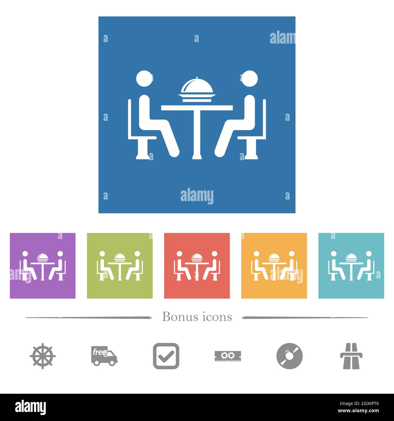 Lunch in restaurant flat white icons in square backgrounds. 6 bonus ...