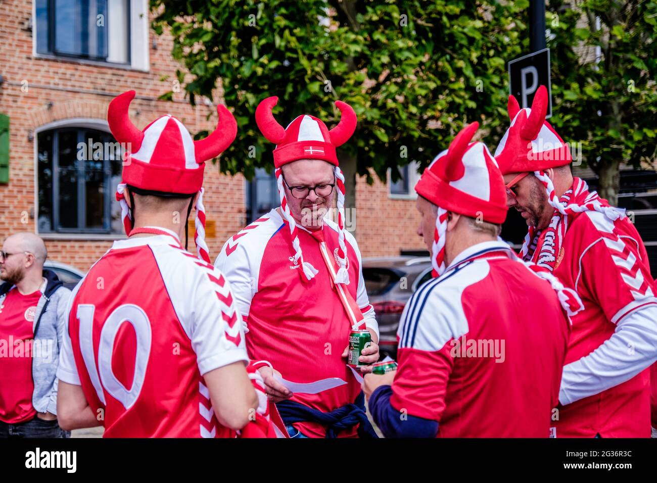 Copenhagen, Denmark. 12th June, 2021. Danish football fans dressed with ...