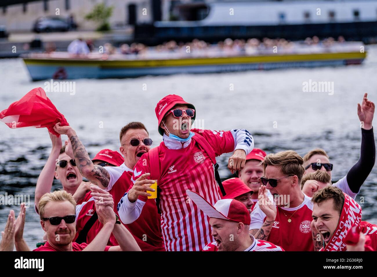 Copenhagen, Denmark. 12th, June 2021. Danish football fans dressed with ...