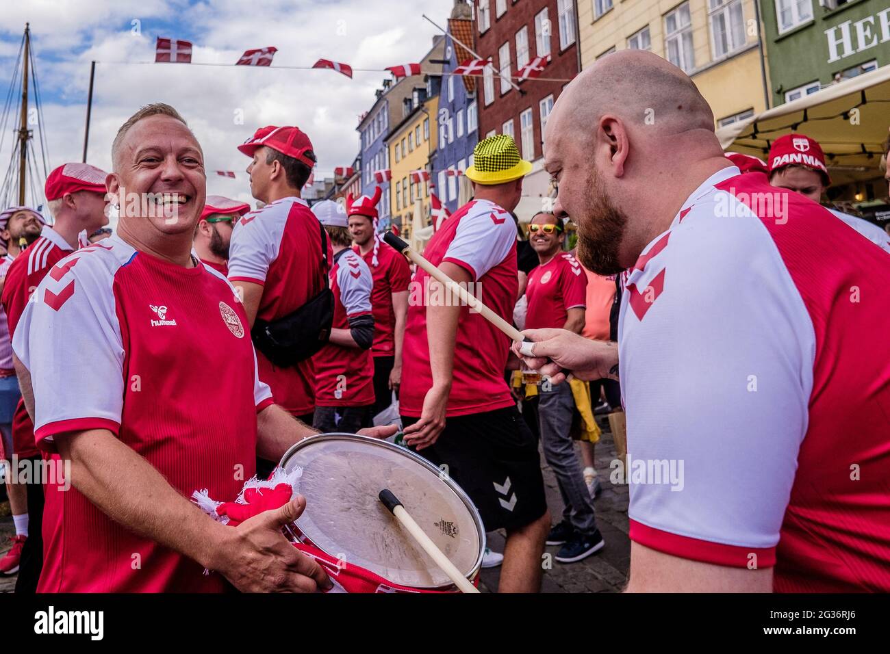 Copenhagen, Denmark. 12th, June 2021. Danish football fans dressed with ...