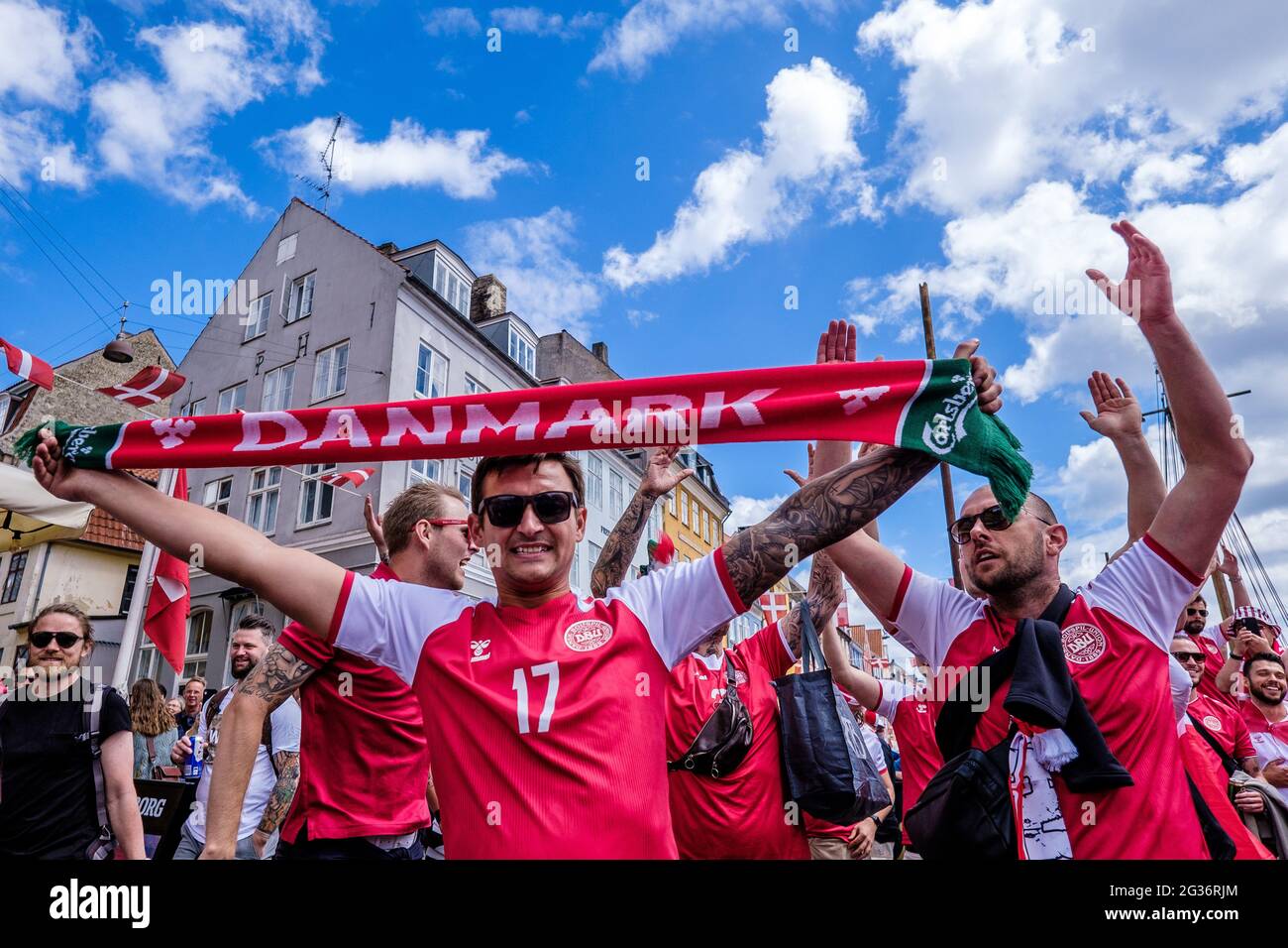 Copenhagen, Denmark. 12th, June 2021. Danish football fans dressed with ...