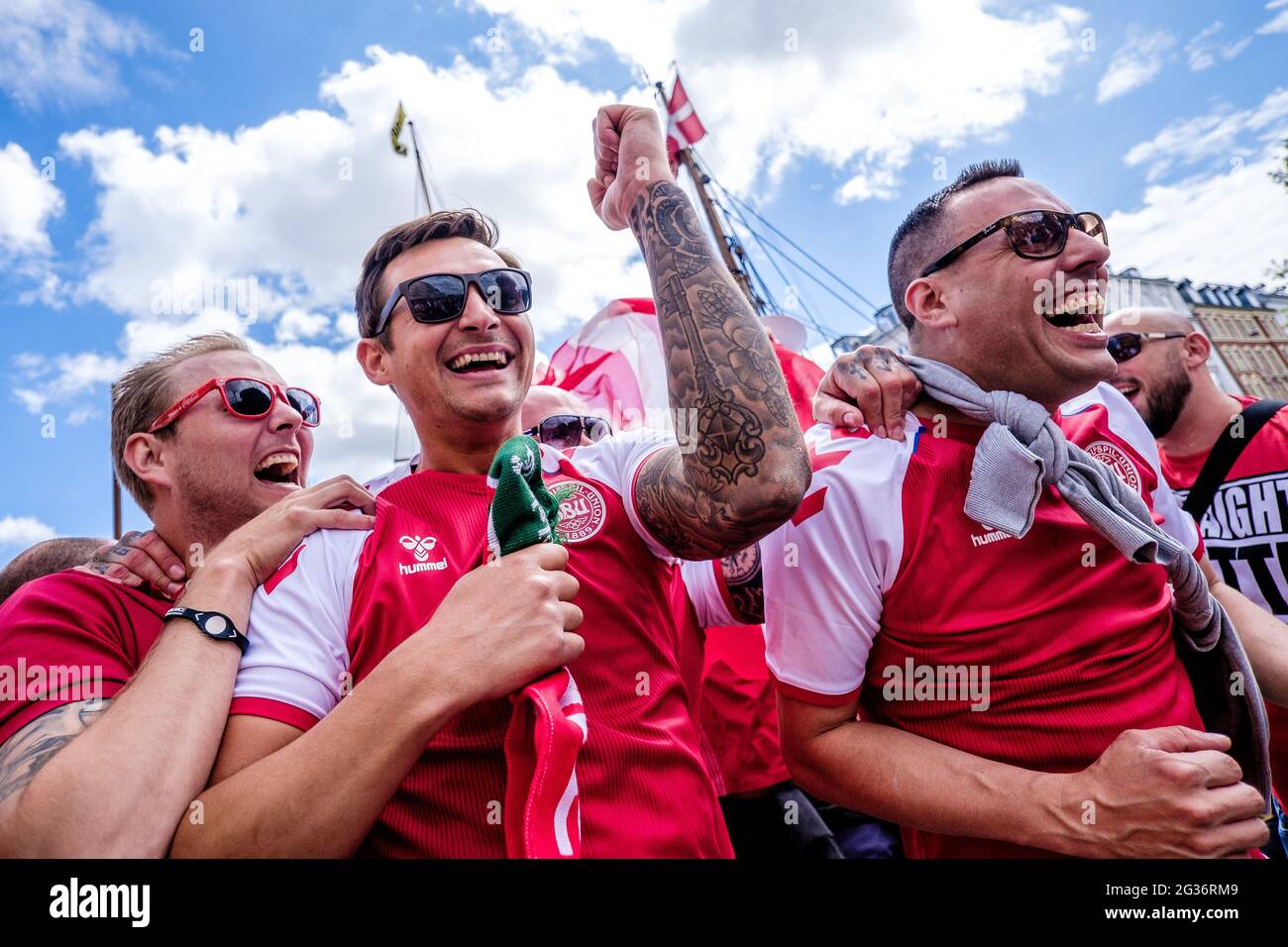 Copenhagen, Denmark. 12th, June 2021. Danish football fans dressed with ...