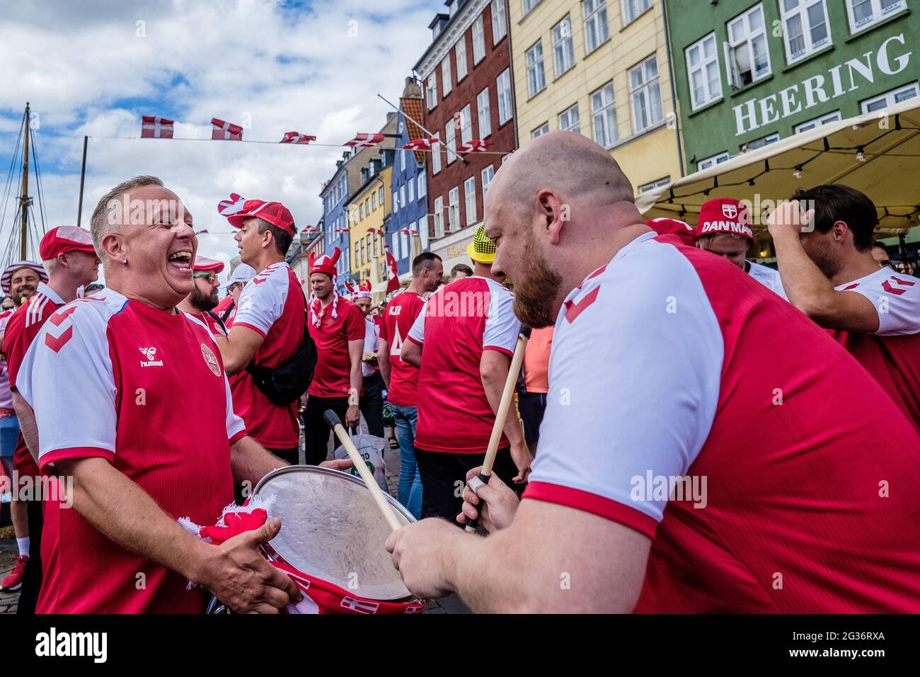 Copenhagen, Denmark. 12th June, 2021. Danish football fans dressed with ...