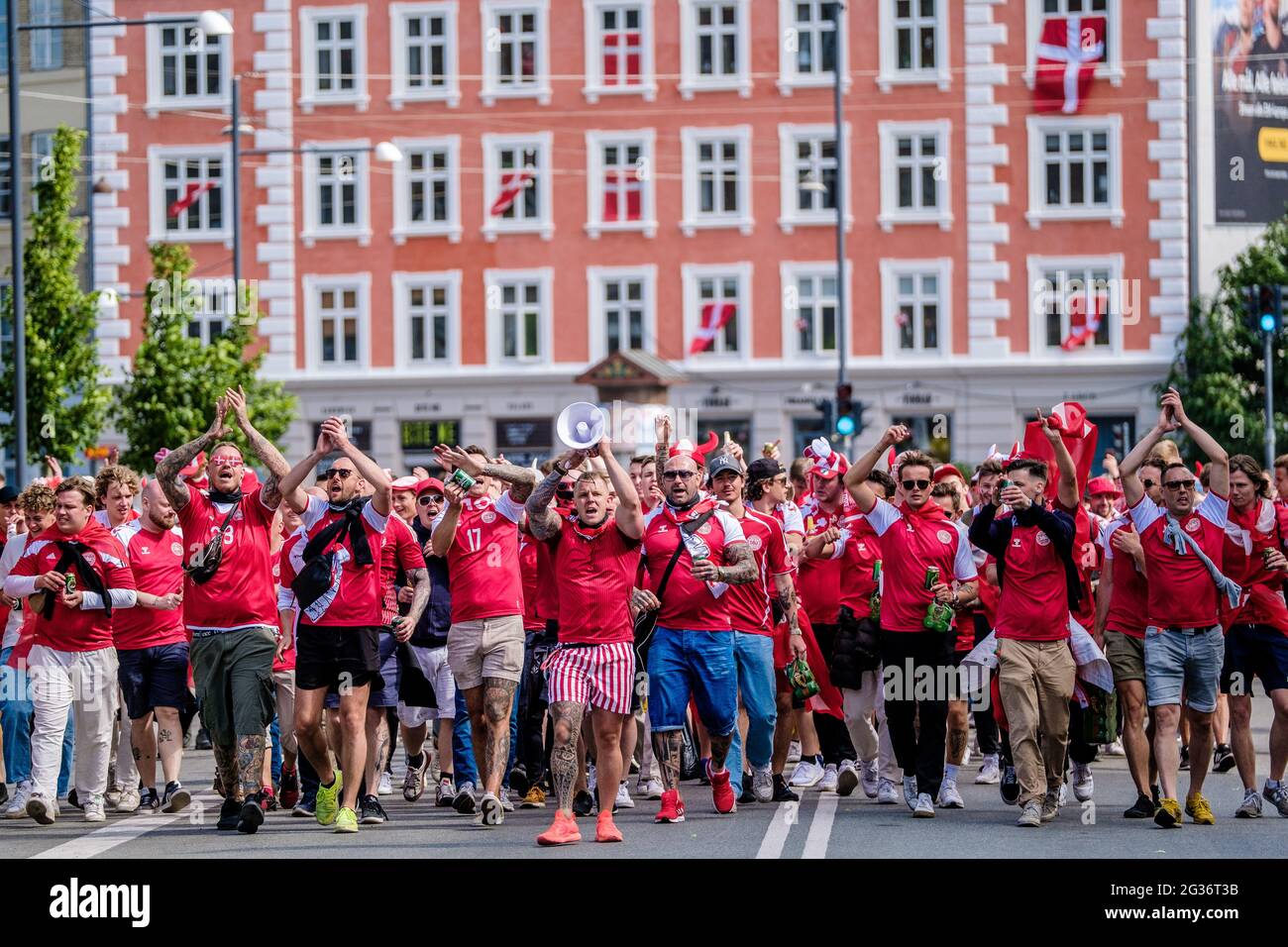 Copenhagen, Denmark. 12th June, 2021. Danish football fans dressed with ...