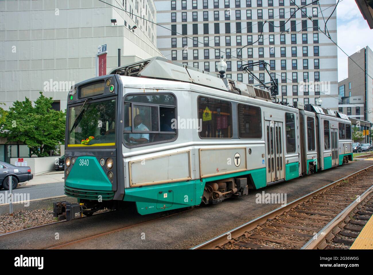 An outbound green line tram train on the MBTA Huntington Avenue Line ...