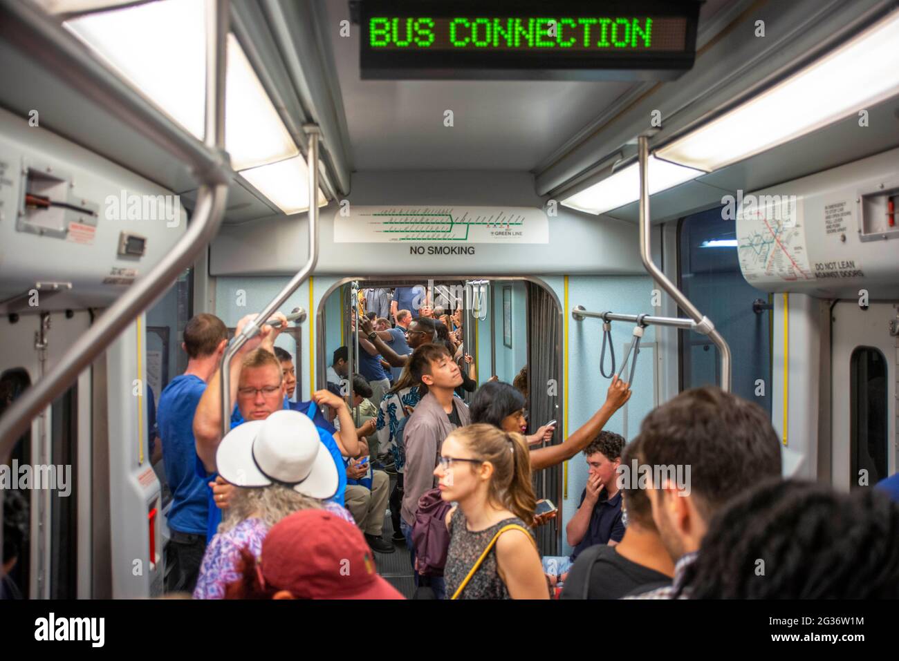 Inside green line tram train on the MBTA Huntington Avenue Line ...