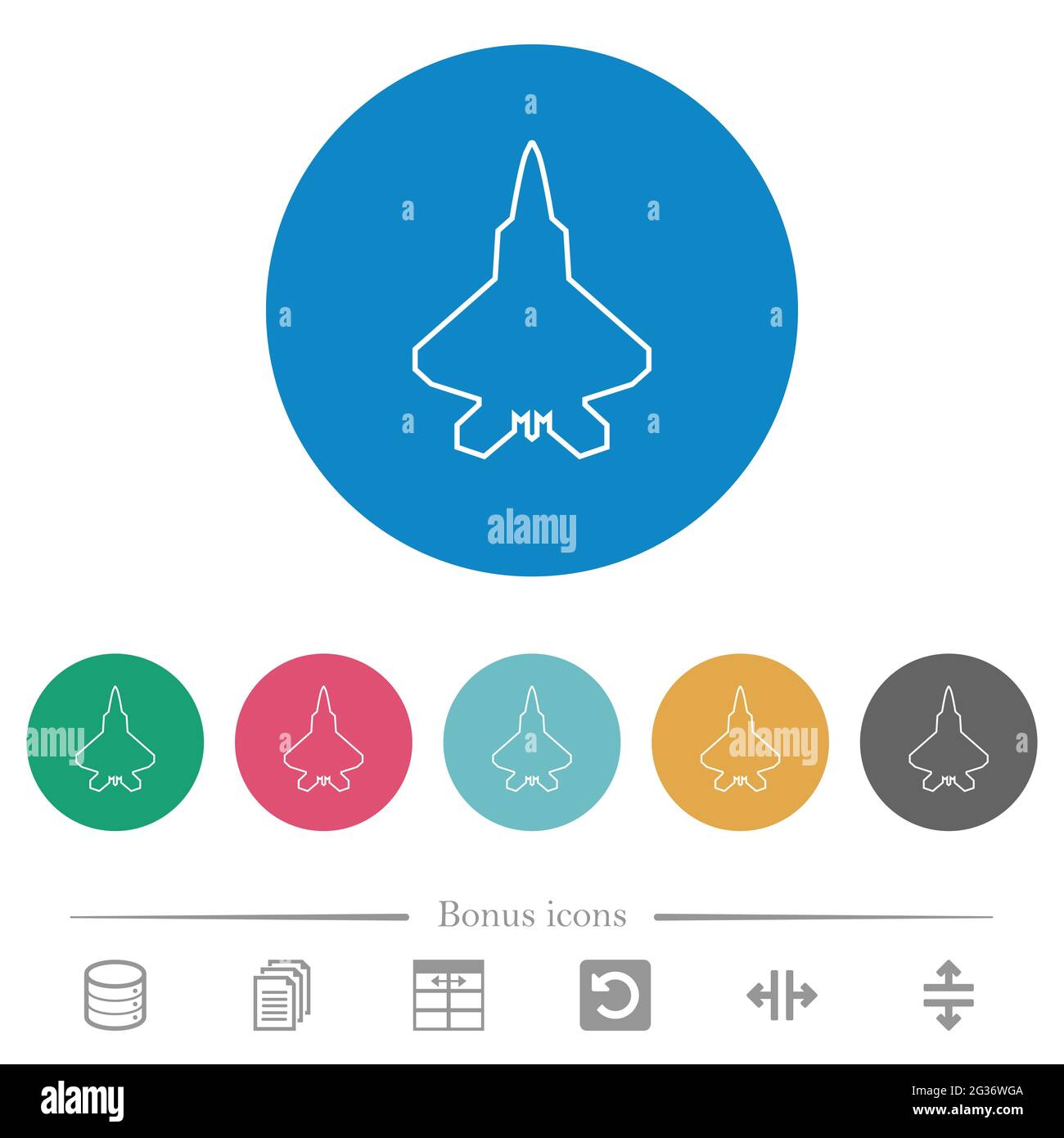 Jet fighter outline flat white icons on round color backgrounds. 6 ...