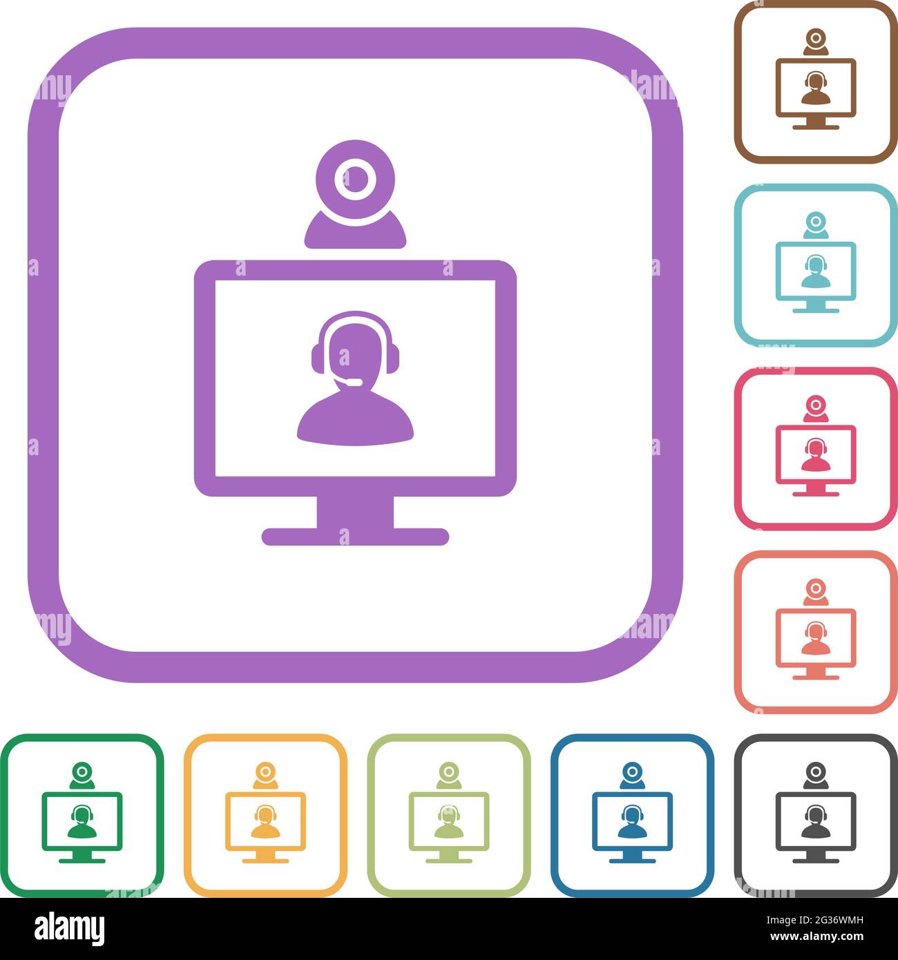 Video assistance simple icons in color rounded square frames on white ...