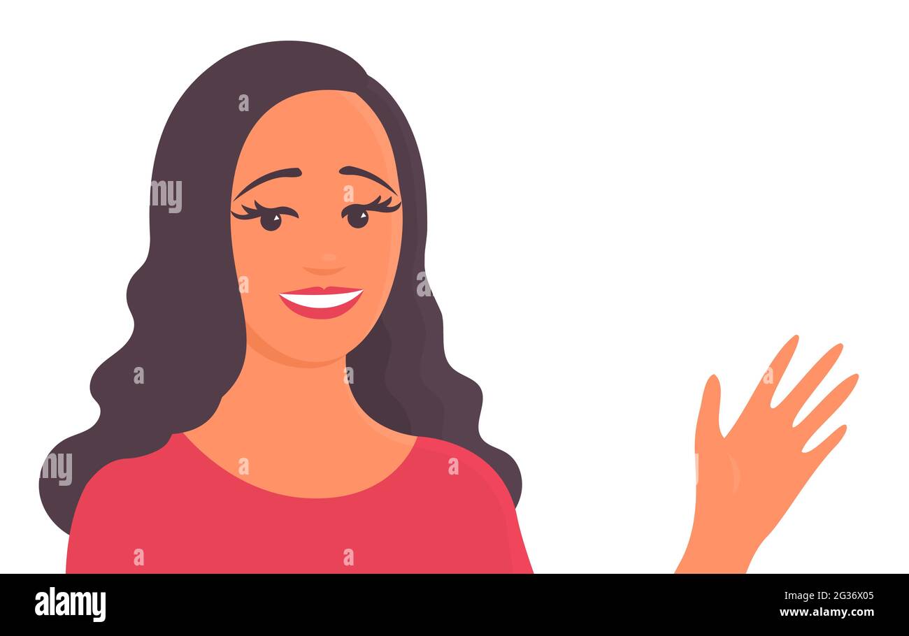 Beautiful girl greets with a hand on a white background. There is a ...