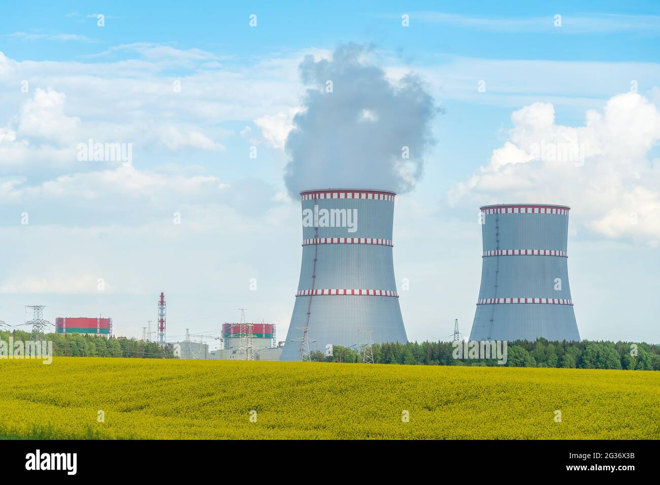 Belarusian nuclear power plant in Ostrovets on a sunny summer day ...