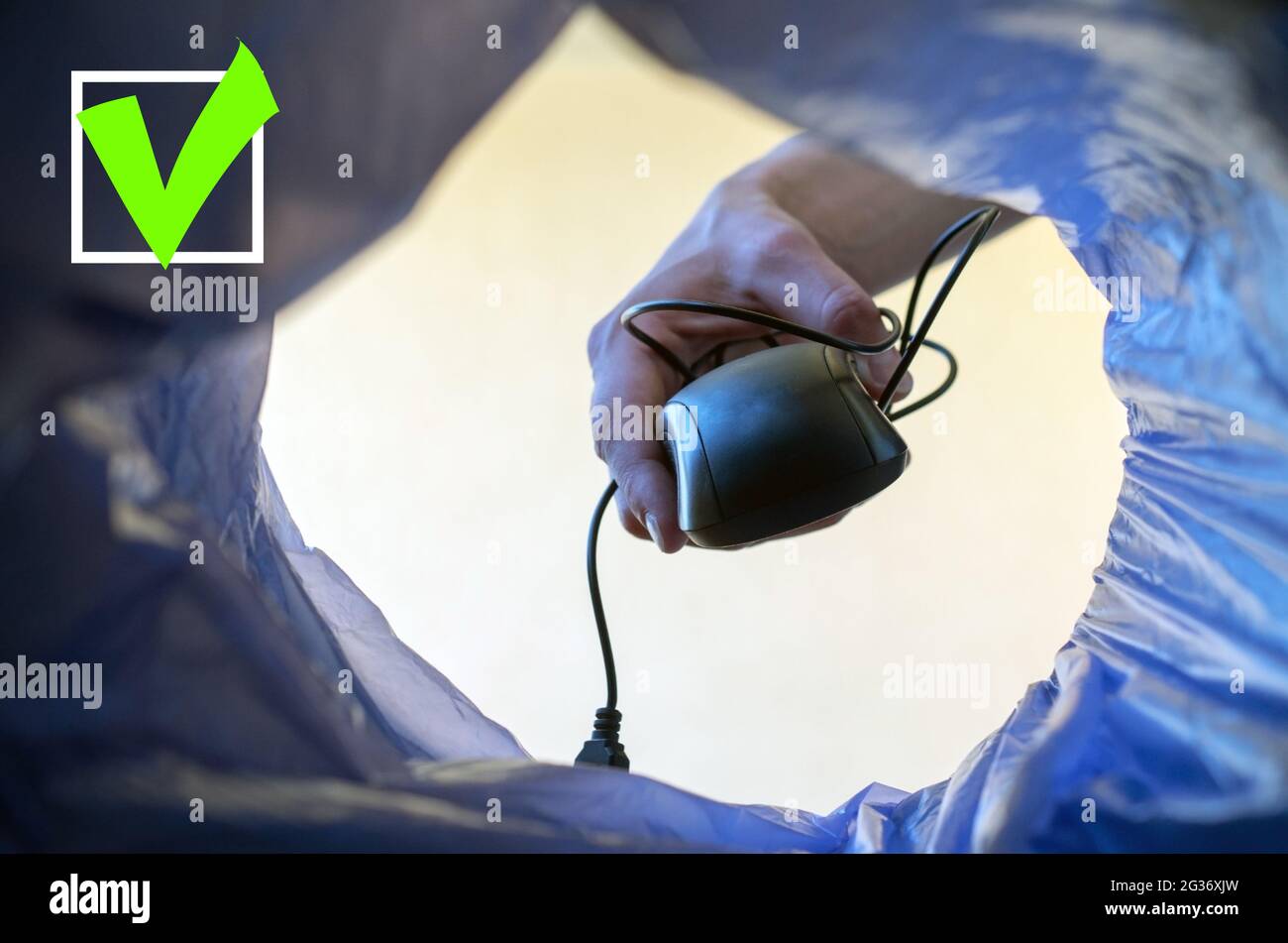 Wireless technology concept. A woman's hand throws a computer mouse in ...