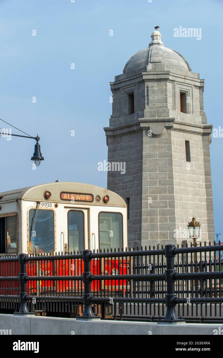 Boston MBTA red line subway train on the Longfellow bridge as it enters ...