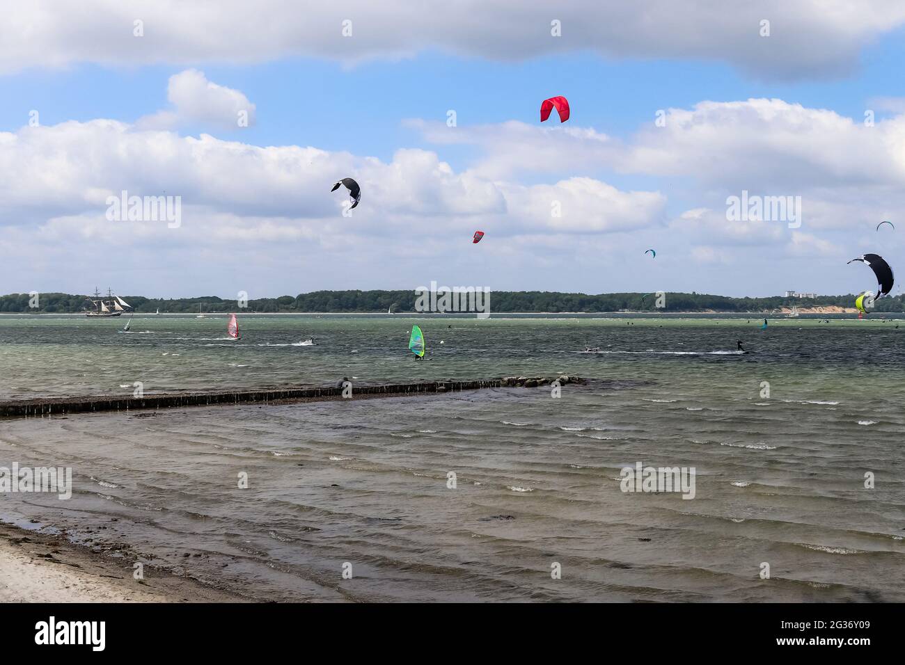 Lots of kite surfing activity at the Baltic Sea beach of Laboe in ...