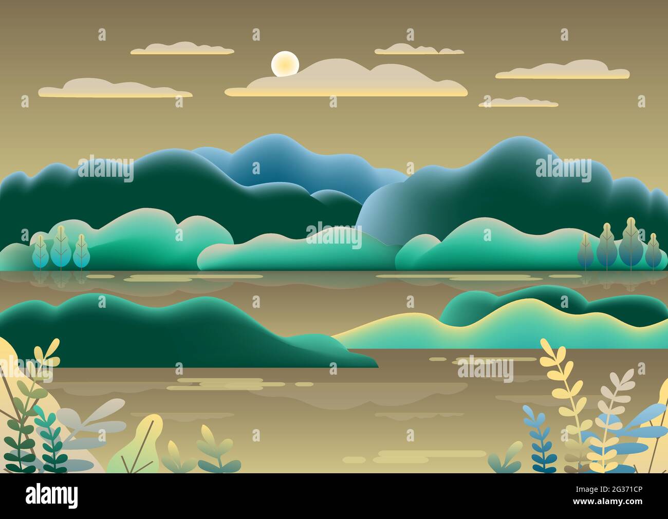 Hills landscape in flat style design. Beautiful field, meadow ...