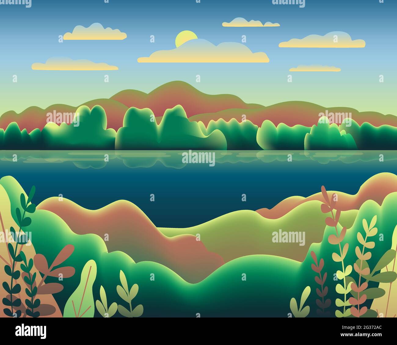 Hills landscape in flat style design. Beautiful field, meadow ...