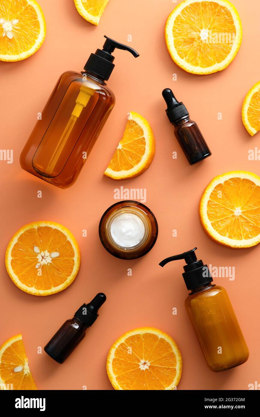 Natural cosmetics set with vitamin C extract top view. Organic products ...