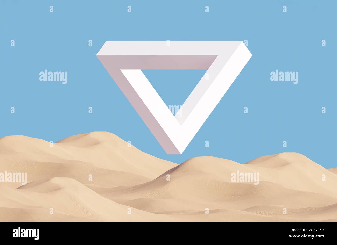 Surreal desert landscape with white flying Penrose triangle over sand ...