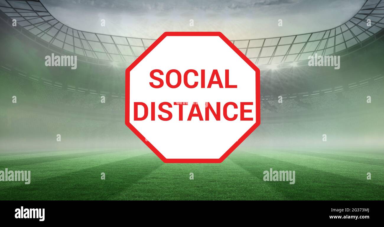 Composition of social distance text on stop road sign over sports ...