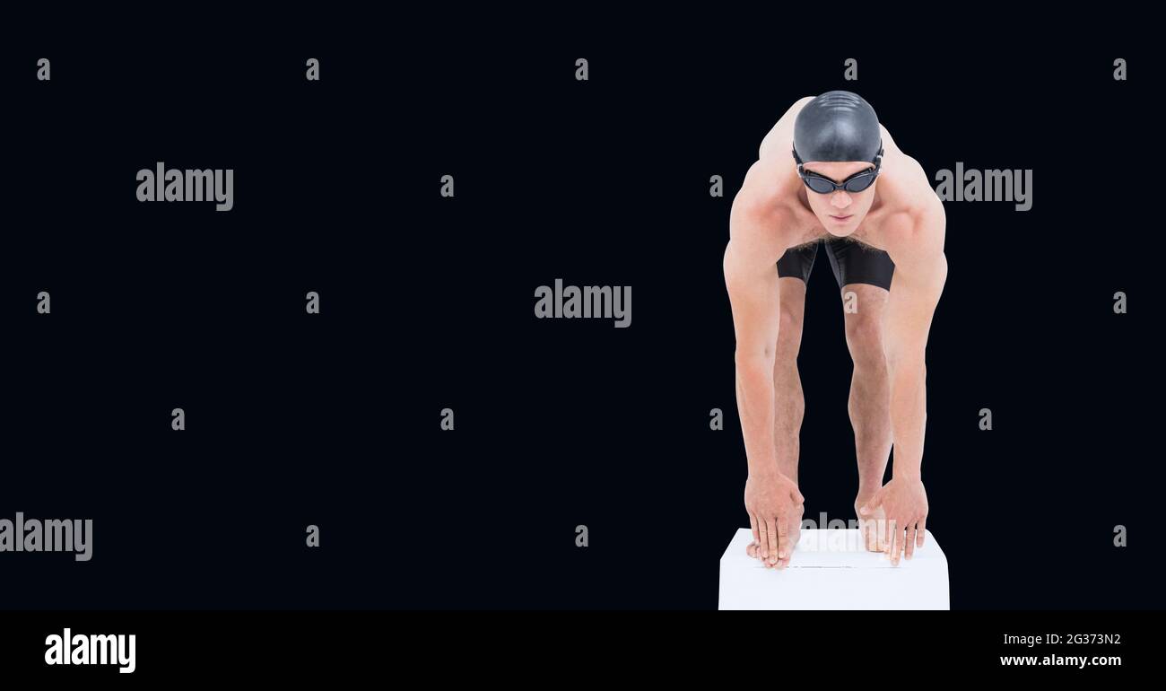 Composition of male swimmer on starting block with copy space isolated ...