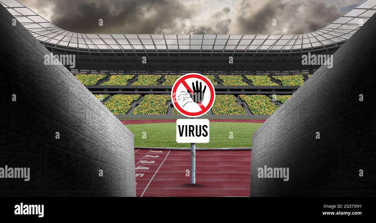 Composition of virus and warning road sign over sports stadium Stock ...